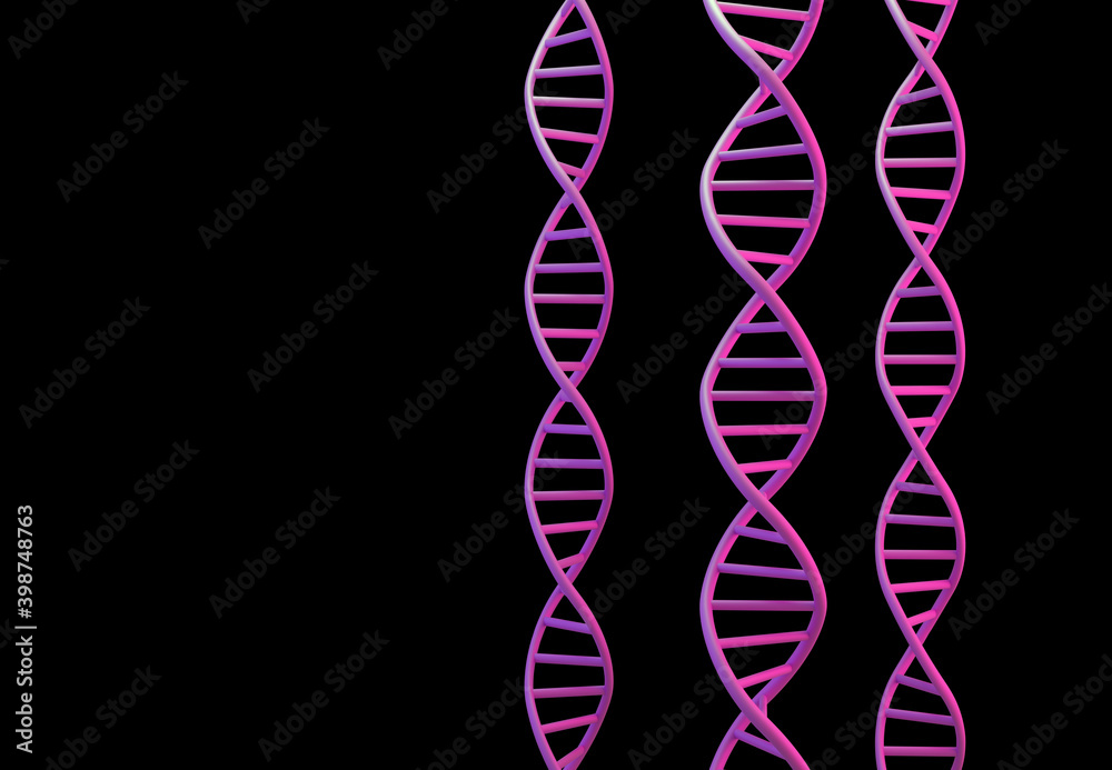 Purple DNA molecules structures isolated on black. Science and ...