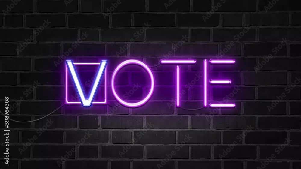 Purple neon sign of the word VOTE switches on and off, flickering ...