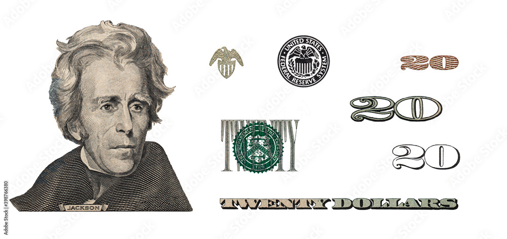 20 US dollar banknote. Elements for design purpose on white background ...