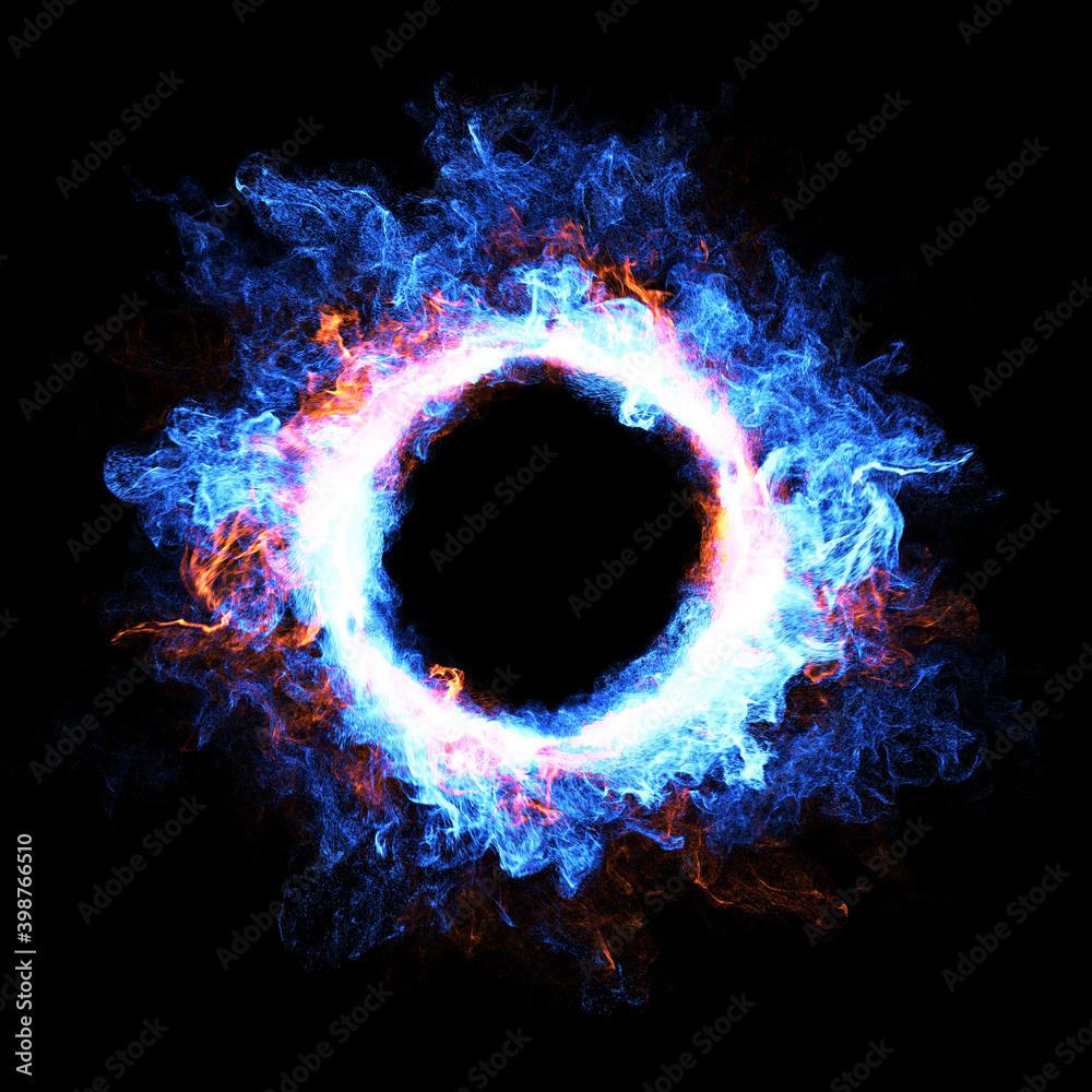 Abstract neon flame, smoke and plasma effect around a circle. Perfect ...