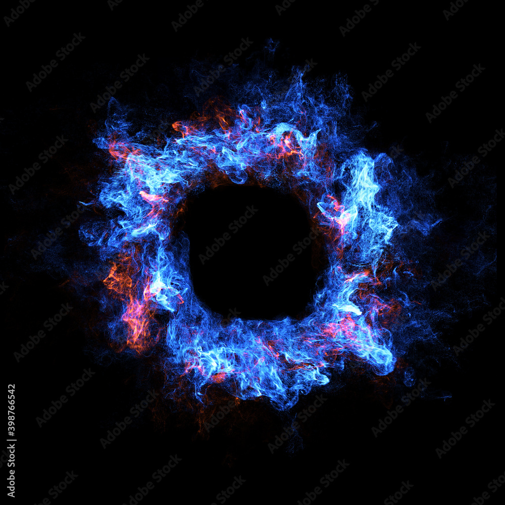 Abstract neon flame, smoke and plasma effect around a circle. Perfect ...