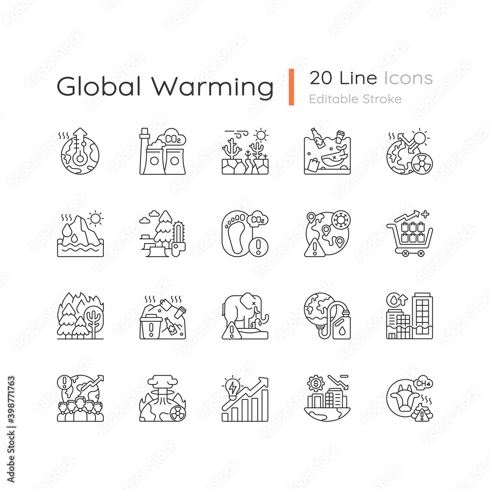 Global warming linear icons set. Making climate change. Planet damaging ...