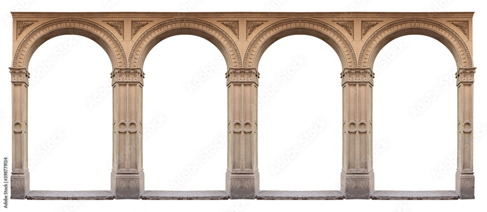 Elements of architecture of buildings, ancient arches, columns, windows ...