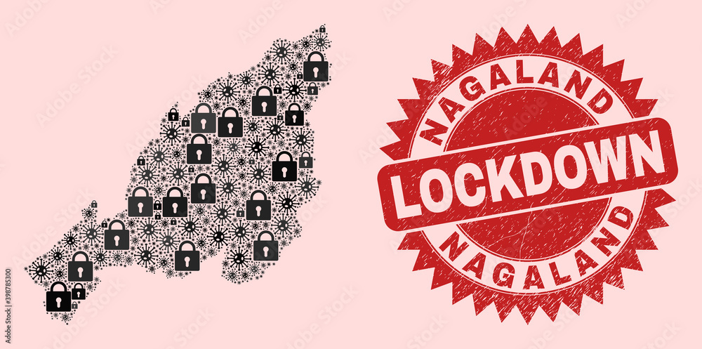 Vector Viral lockdown mosaic Nagaland State map and textured stamp ...