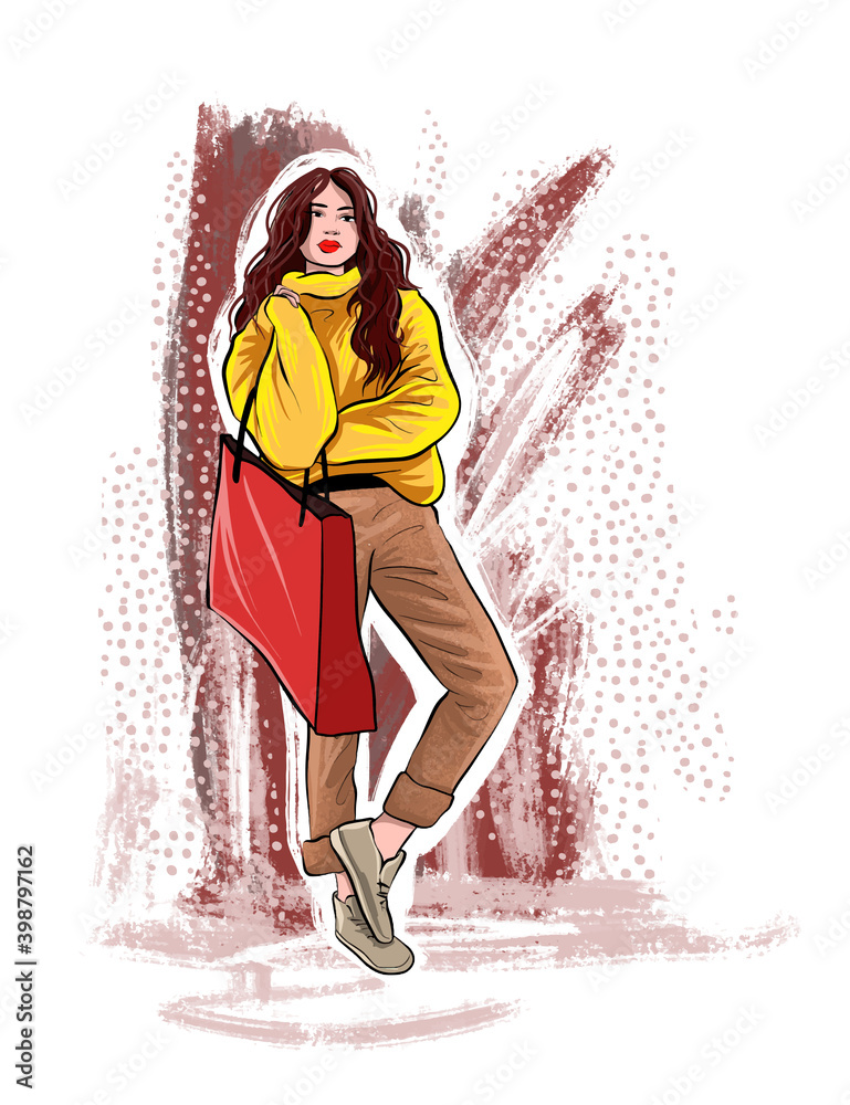 Portrait of a beautiful young woman hand drawing. The girl is engaged ...