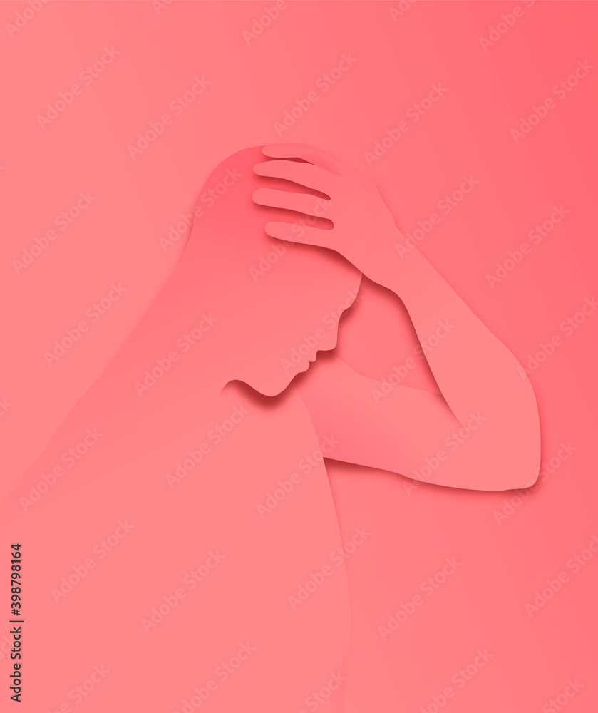 Papercut man holding head on isolated red color background. Paper cut ...