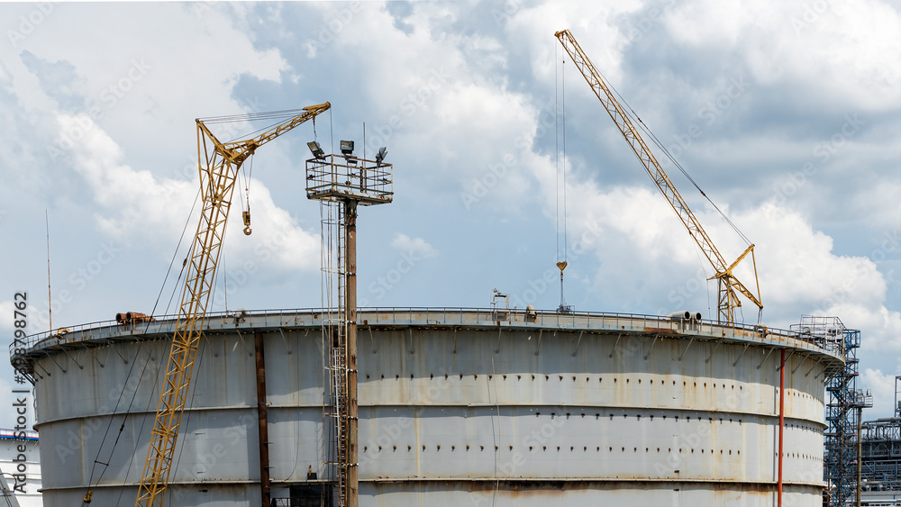 Refinery factory oil storage tank and pipeline steel at day on framatic ...