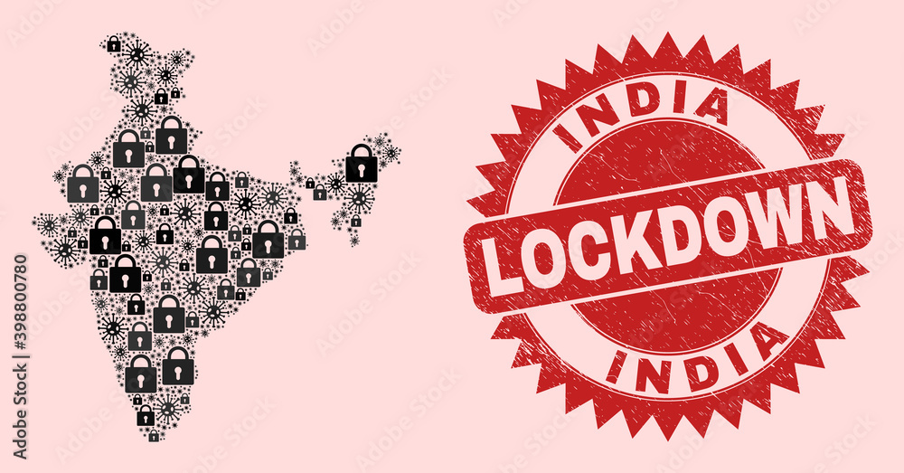 Stockvector Vector Covid lockdown collage India map and corroded ...