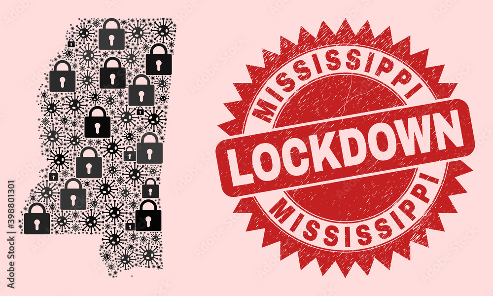 Vector Viral lockdown collage Mississippi State map and scratched stamp ...