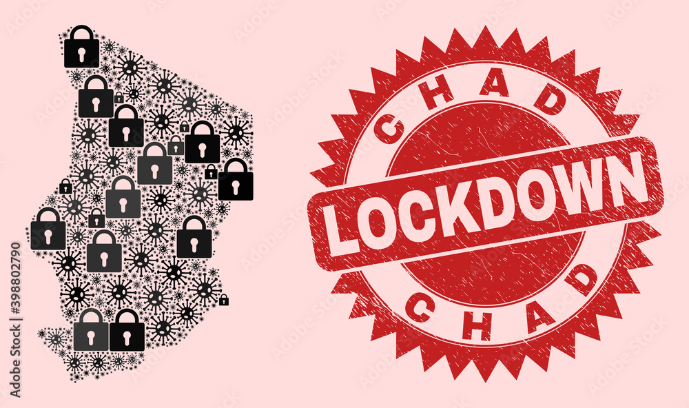 Vector coronavirus lockdown collage Chad map and grunge stamp seal ...