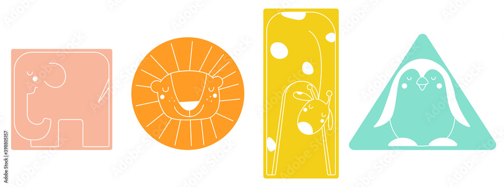 Kids Simple geometric shapes with animals Elephant, lion, giraffe ...