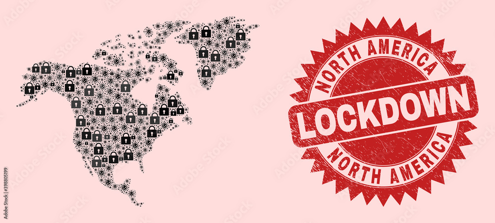 Vector pandemic lockdown collage North America map and rubber stamp ...
