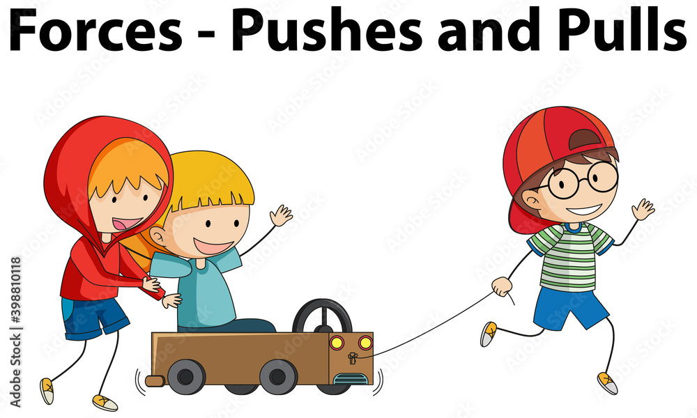 Showing pushes and pulls force example with kids character Stock ...