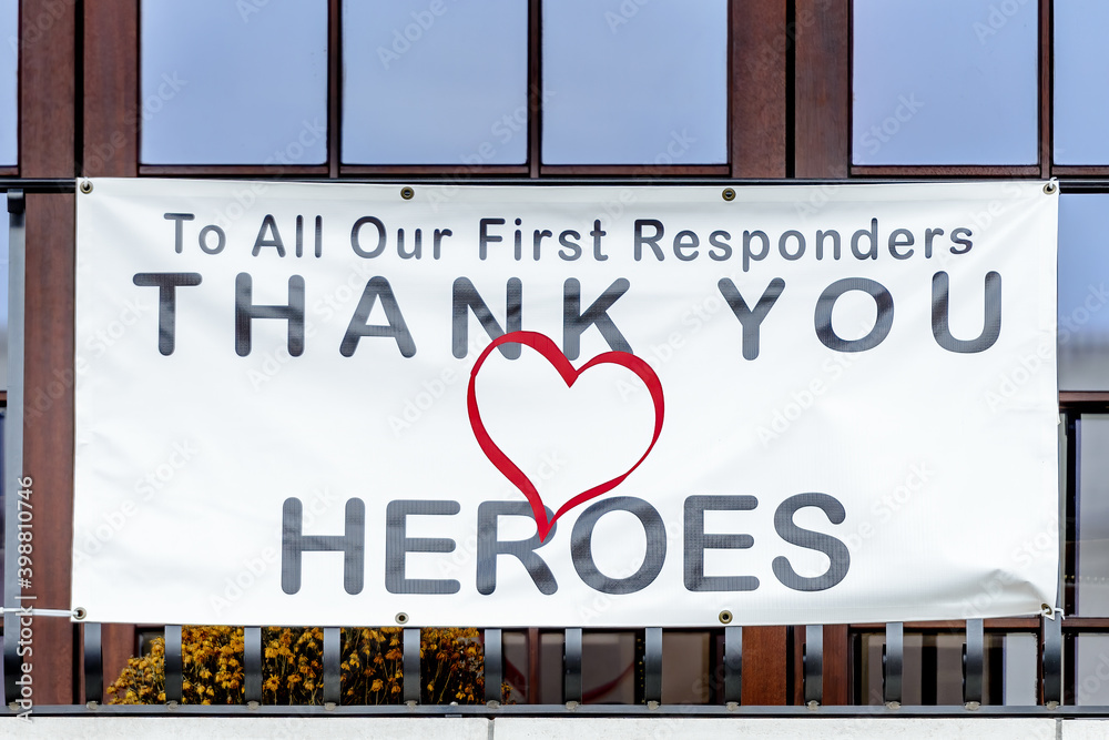 Sign to thank heroes during the pandemic. Stock Photo | Adobe Stock