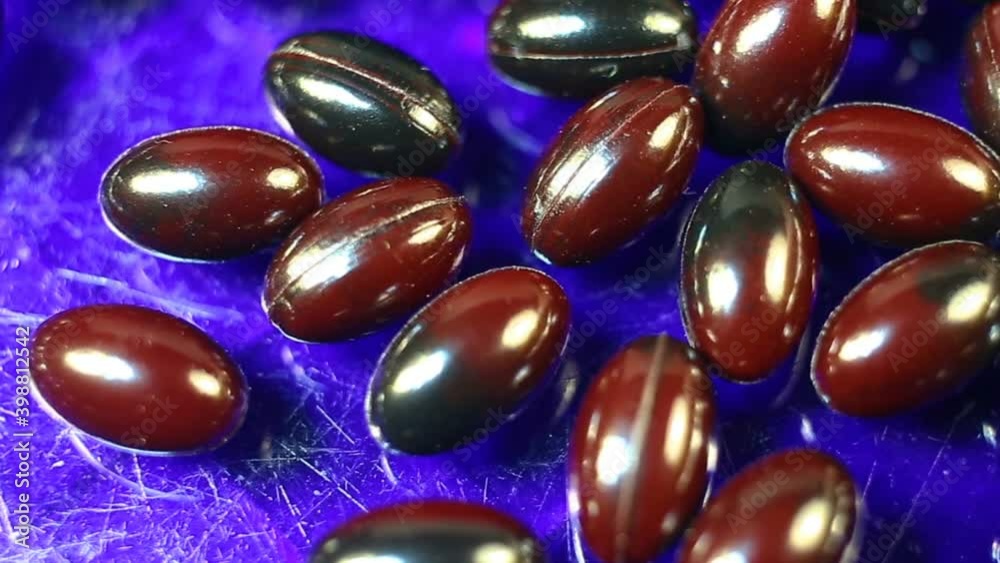 Maroon and black oval spindle-shaped capsules in a shiny gel shell move ...