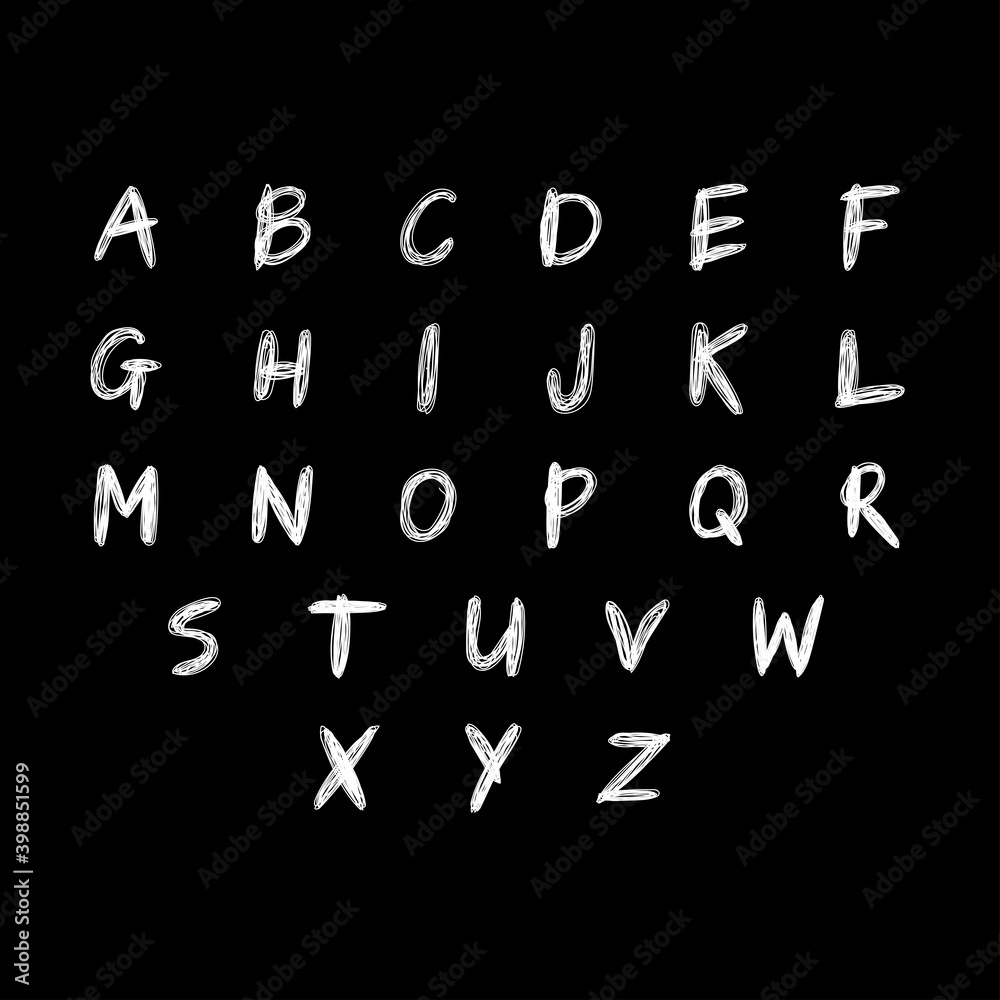 English alphabet. White hand drawn uppercase letters isolated on black ...