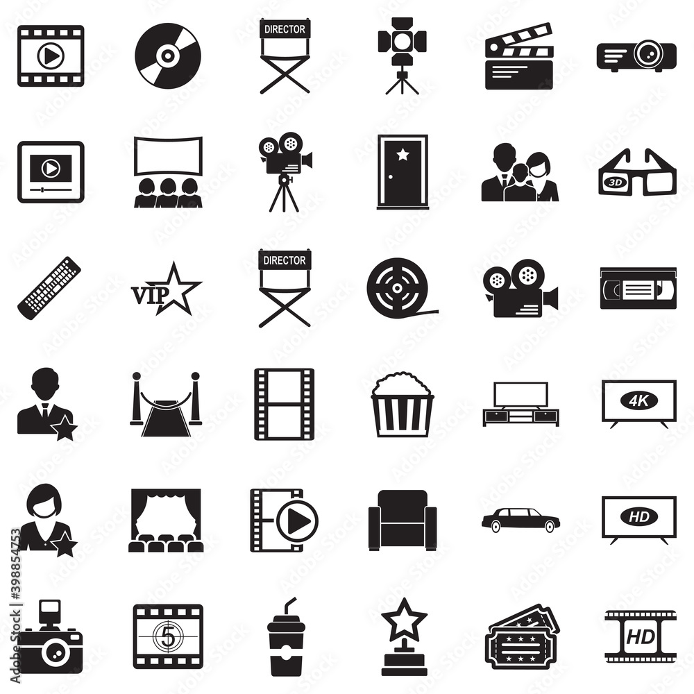 Movie Icons. Black Flat Design. Vector Illustration. Stock Vector ...