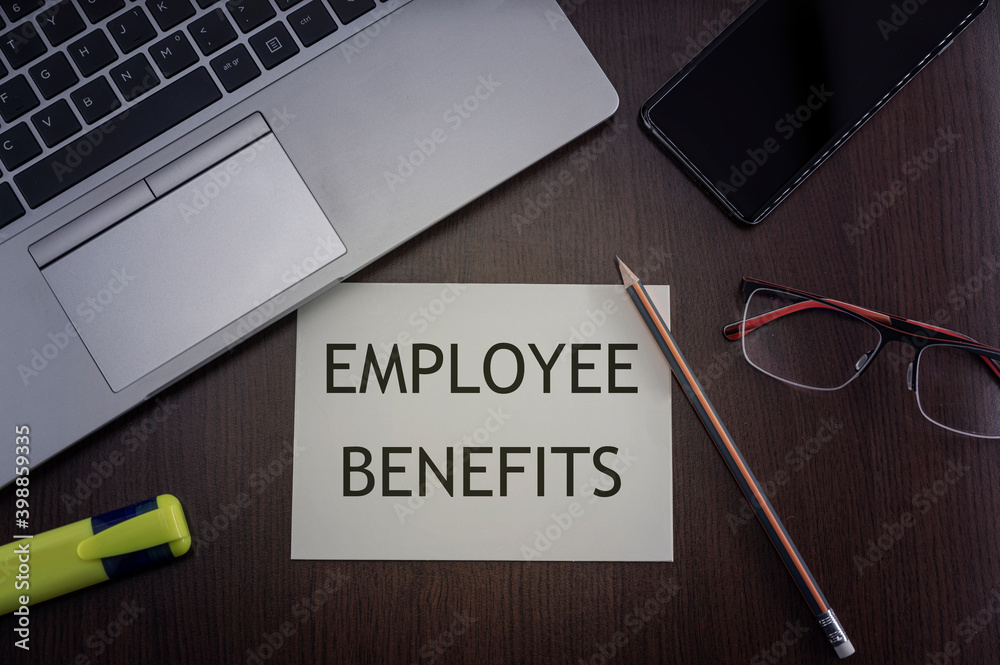 Employee benefits card. Top view of office table desktop background ...