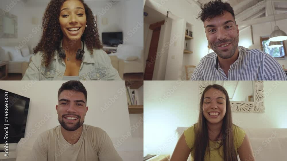 Two millennial happy couple chatting in video call talking and ...