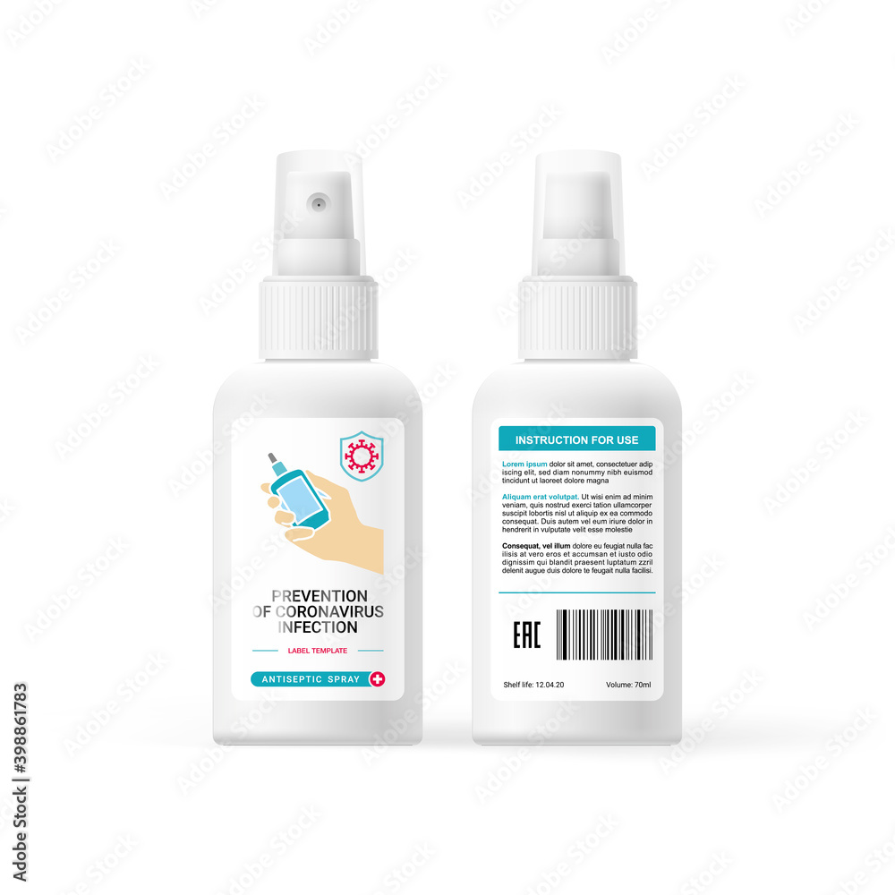 Antiseptic sprey mock-up, label design with hand sanitizer symbols and ...