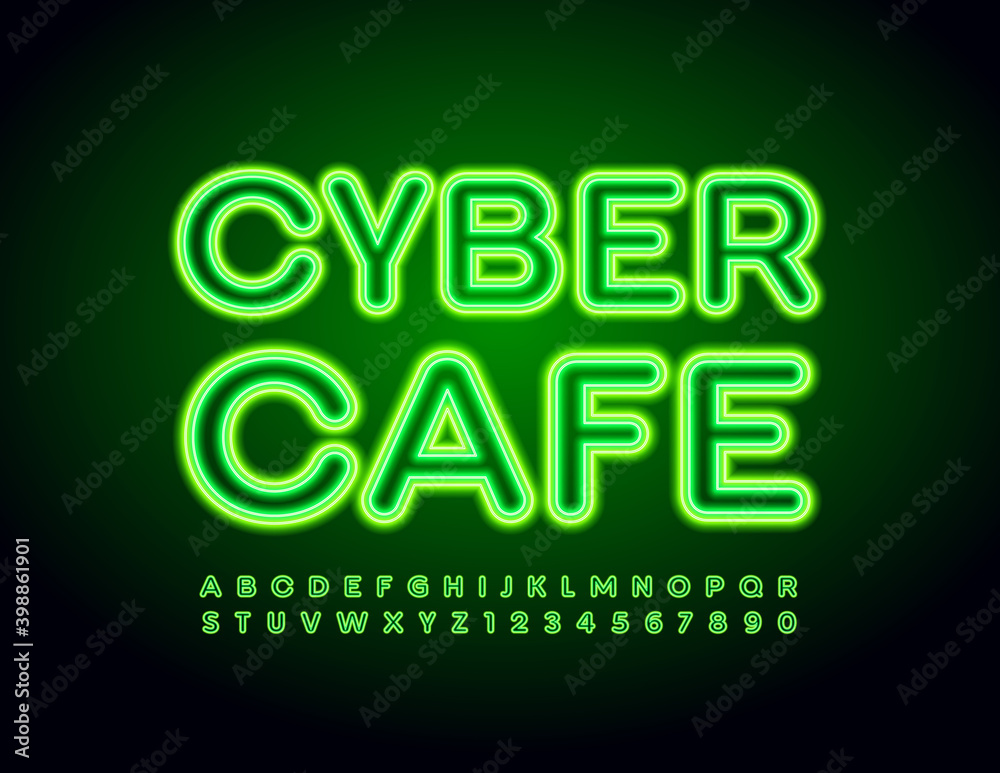 Vector techno sign Cyber Cafe. Modern glowing Font. Green Neon Alphabet ...