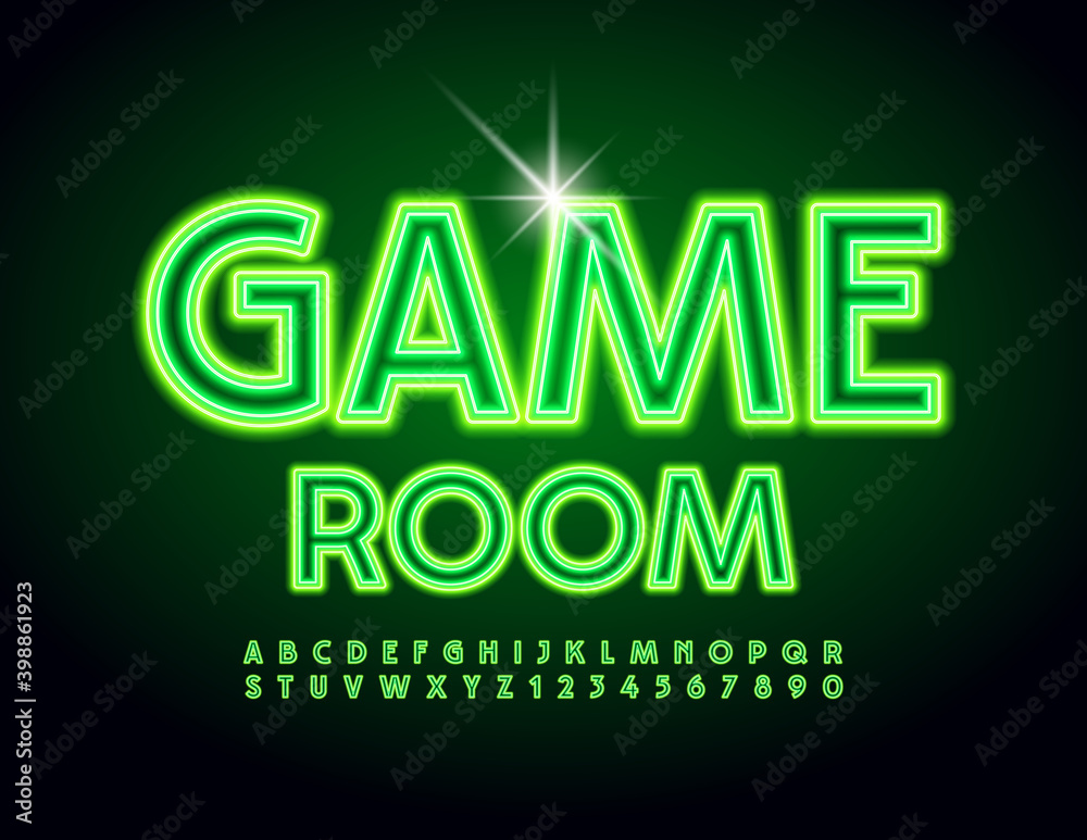 Vector bright banner Game Room. Neon Glowing Font. Uppercase ...