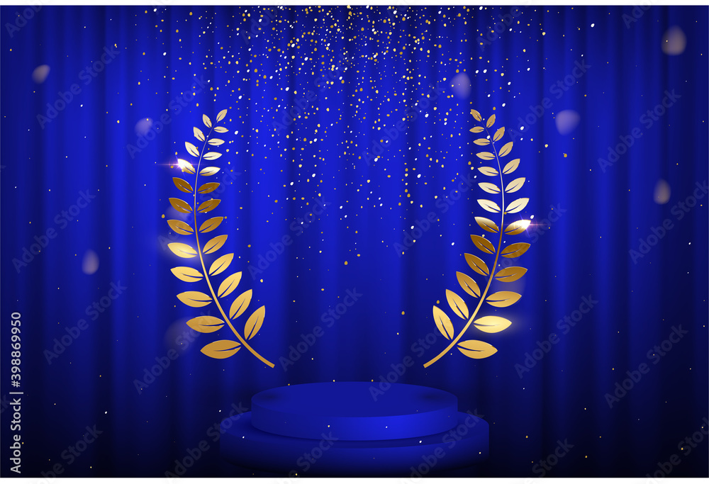 Blue curtain, laurel twigs realistic illustration. Golden glitters ...