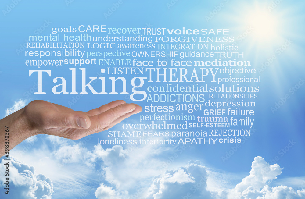 Words associated with Talking Therapy Word Cloud - man's open palm hand ...