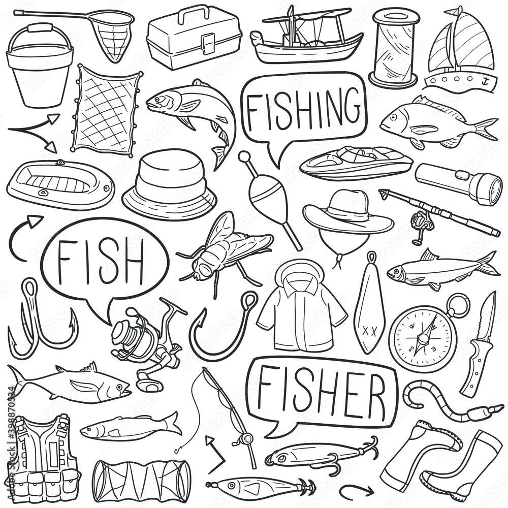 Fishing doodle icon set. Fisher Vector illustration collection. Banner ...