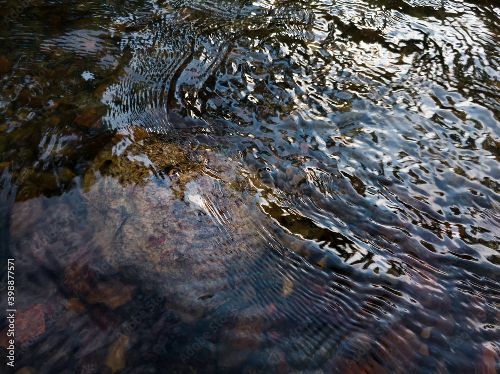 Wavy surface of water on shallow rapid stream with colorful gravel at ...