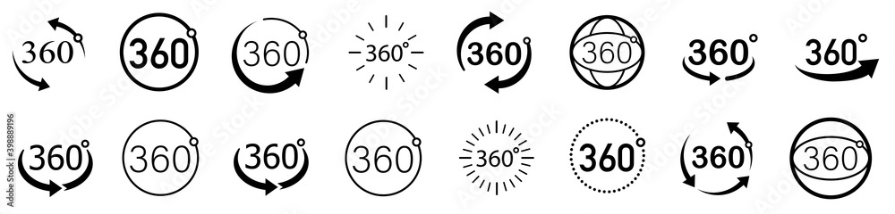 360 Degrees View Vector set. Signs with arrows to indicate the rotation ...