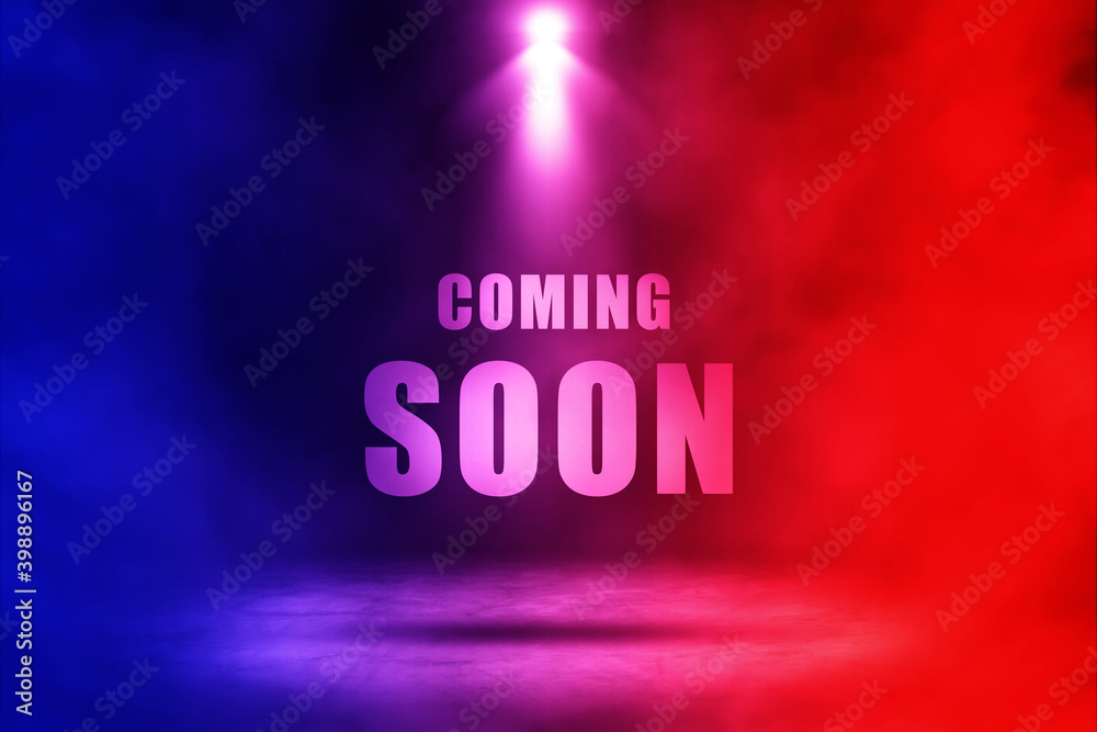 Coming soon text with red and blue spotlighting effect. Stock Photo ...