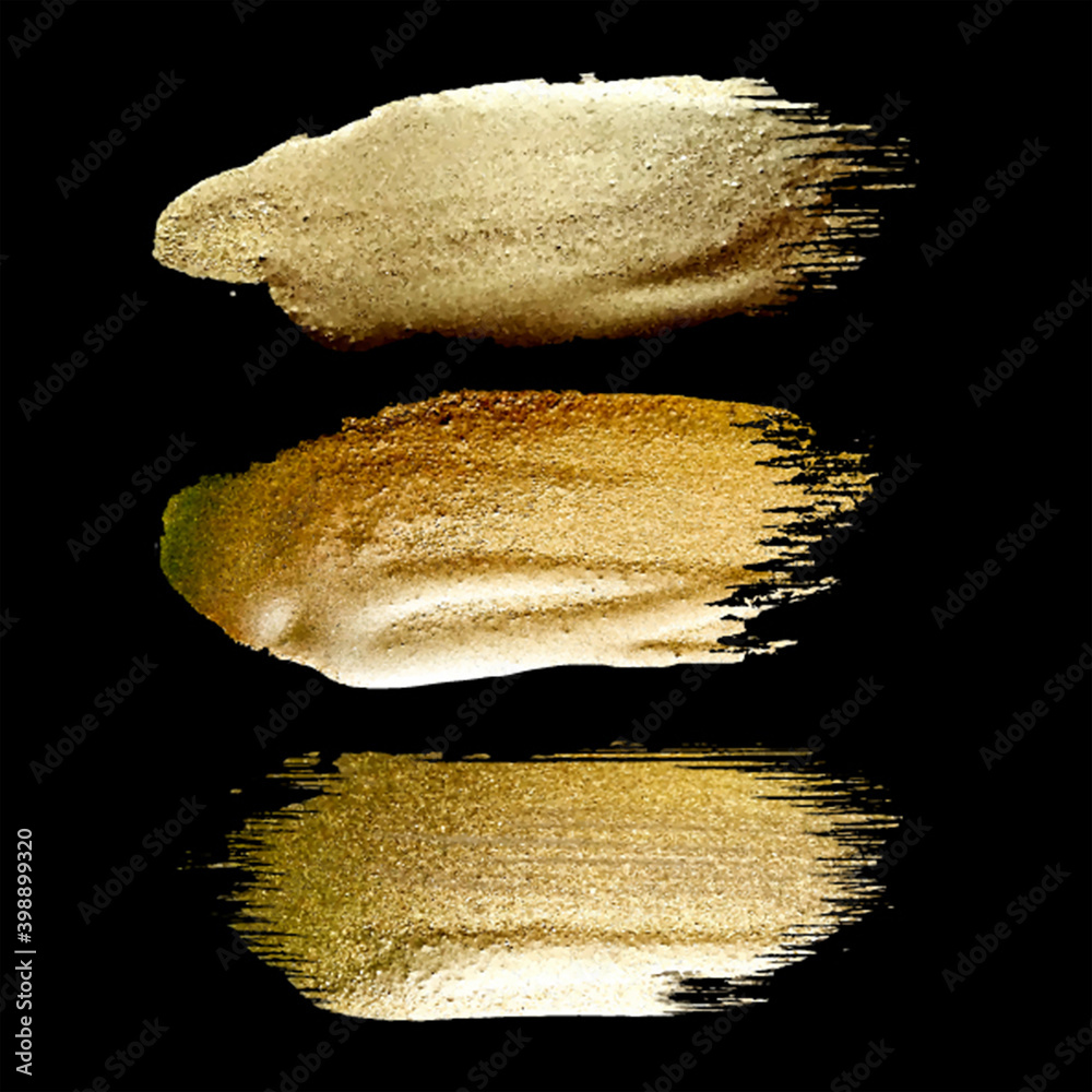 Gold paint brush stroke set. Gold brush glittering textured art ...