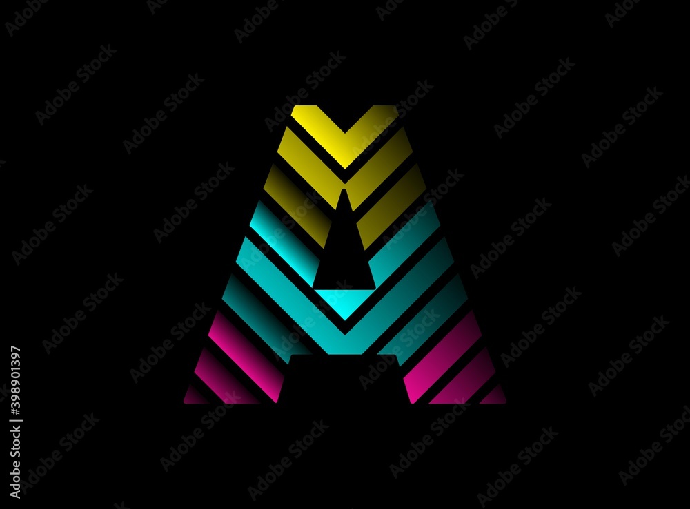 A letter font logo with cmyk color. Dynamic split blue, pink, yellow ...