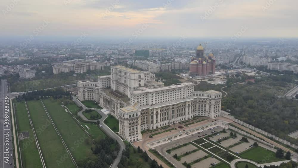 Palace of the Parliament, aerial drone cityscape Bucharest historical ...