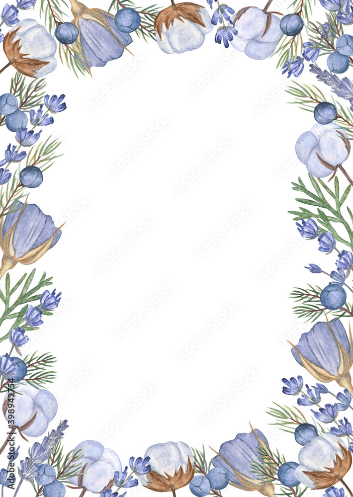 Floral frame A4 format size on white isolated background. Watercolor ...