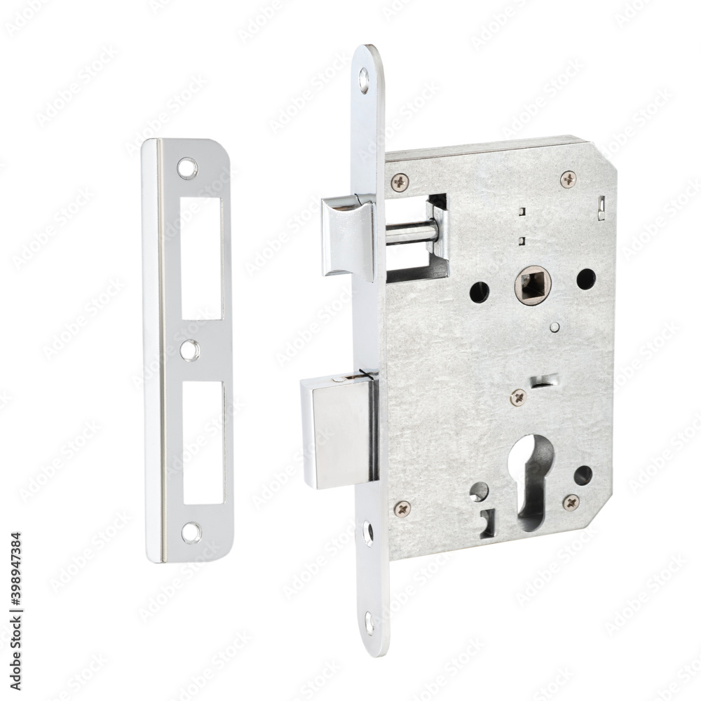 Classic external mortise lock with steel-colored latch and strike plate ...