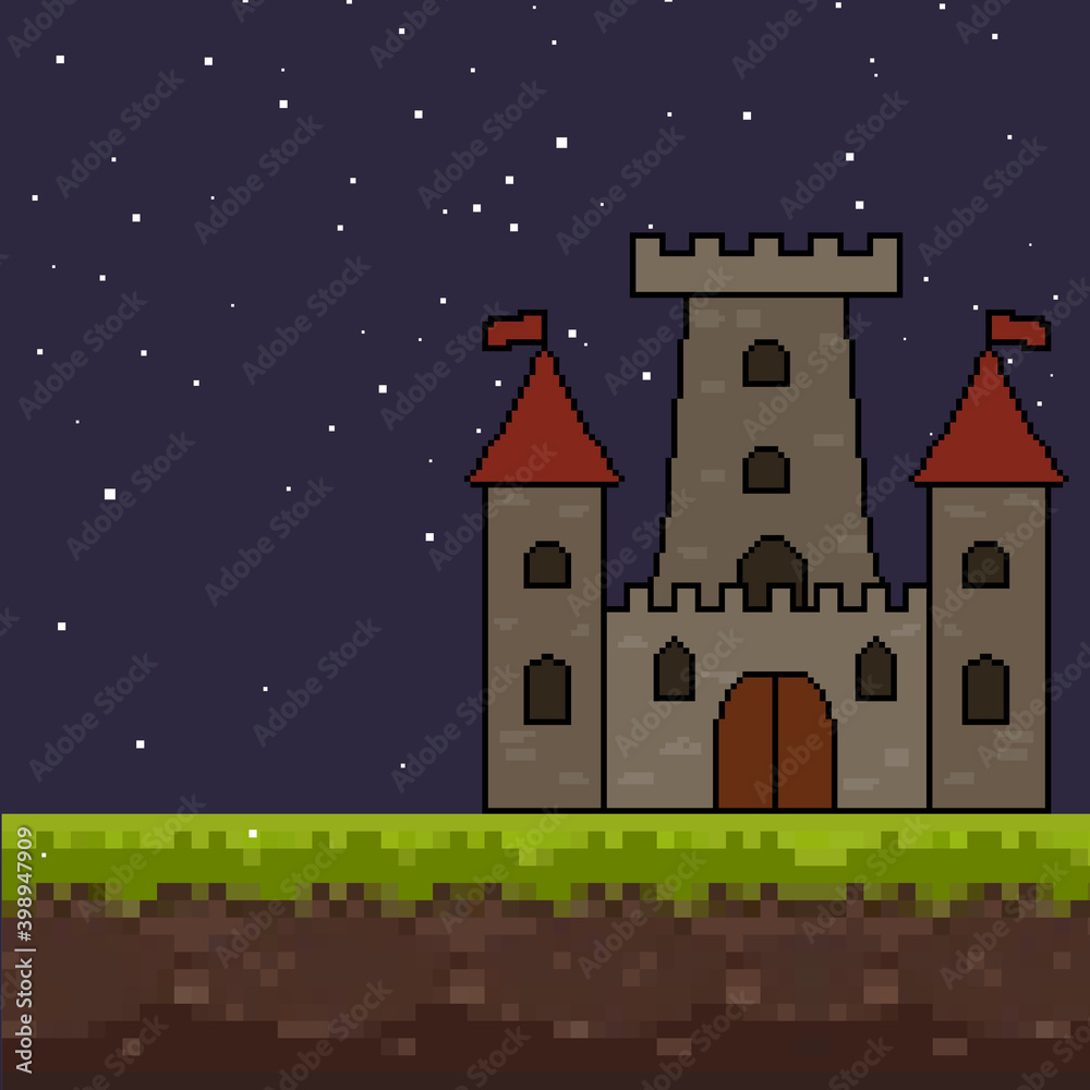 Pixel castle. Pixel art game background. Ground, grass, sky, castle and ...