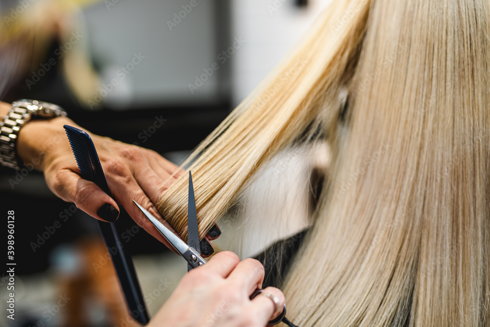 Foto de Beautiful young woman getting her haircut by a hairstylist at a ...