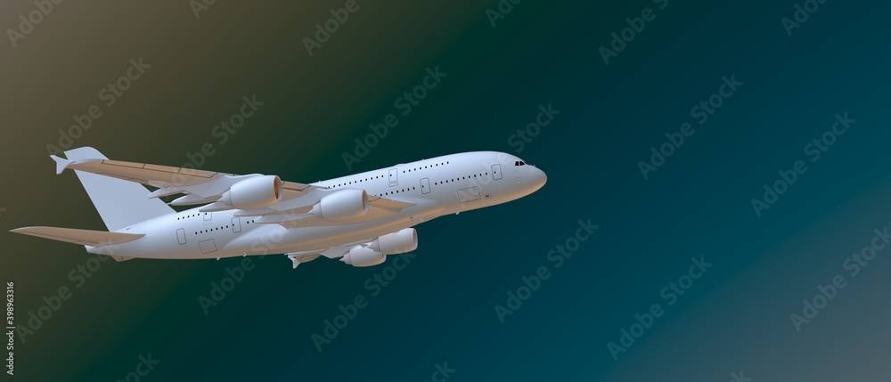 Realistic scene with flying airplane. 3d rendering - illustration Stock ...