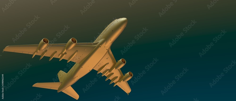 Realistic scene with flying airplane. 3d rendering - illustration Stock ...
