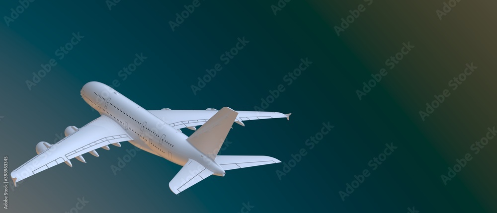 Realistic scene with flying airplane. 3d rendering - illustration Stock ...