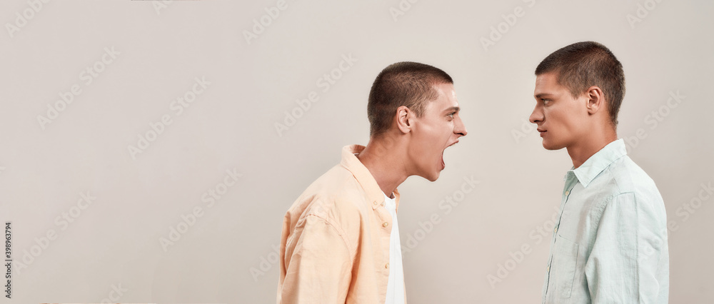 Portrait of two young caucasian men, twin brothers arguing, shouting ...