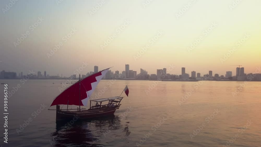 Drone view of the Traditional Arabic Dhow with Bahrain flag branded ...