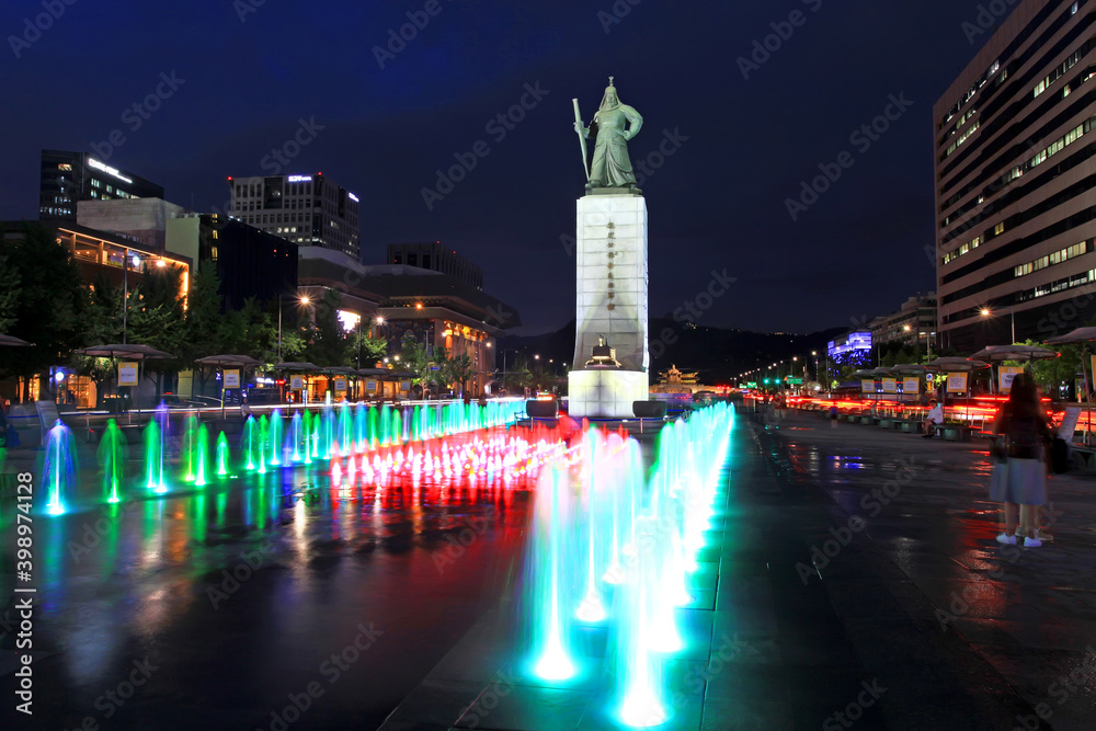 Illuminated water fountain in downtown Seoul, South Korea. Stock Photo ...