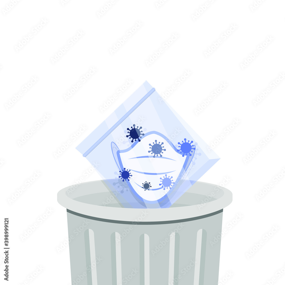 A medical mask with germs in a plastic bag falls into a trash can ...