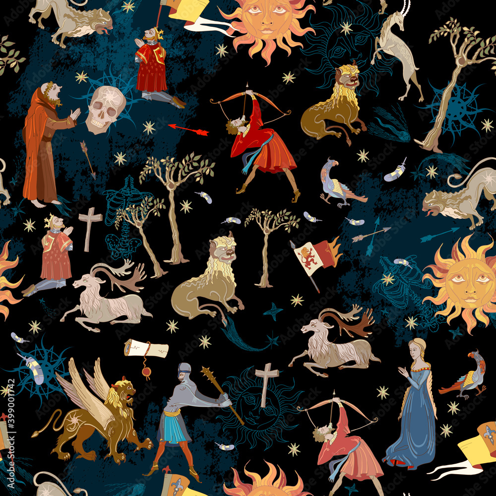 Medieval astrology seamless pattern. Ancient book vector illustration ...