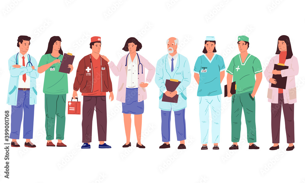 Cartoon doctors. Medical workers wear uniforms, nurses and hospital ...