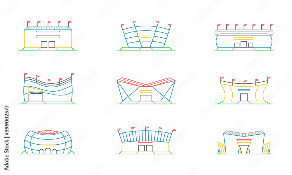 Vector set of linear isolated icons of arenas, stadiums. Minimalistic ...