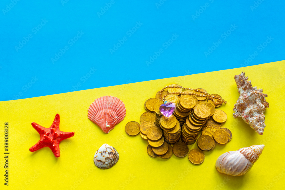 Layout of blue sea and island with yellow sandy beach with huge pile of ...